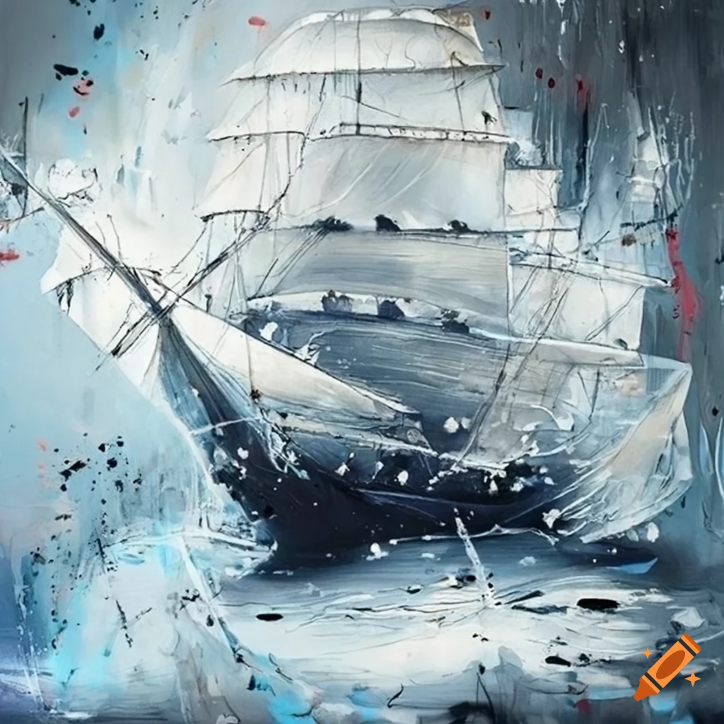 Abstract silver and white splatter painting of ship in a storm on Craiyon