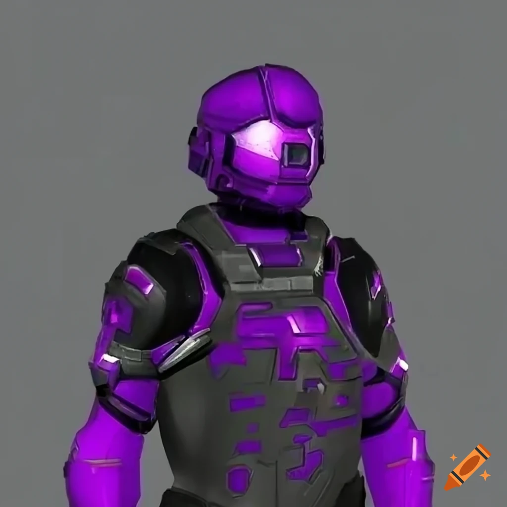 Sci-fi masked soldier with purple and black stripes armor and orb on ...