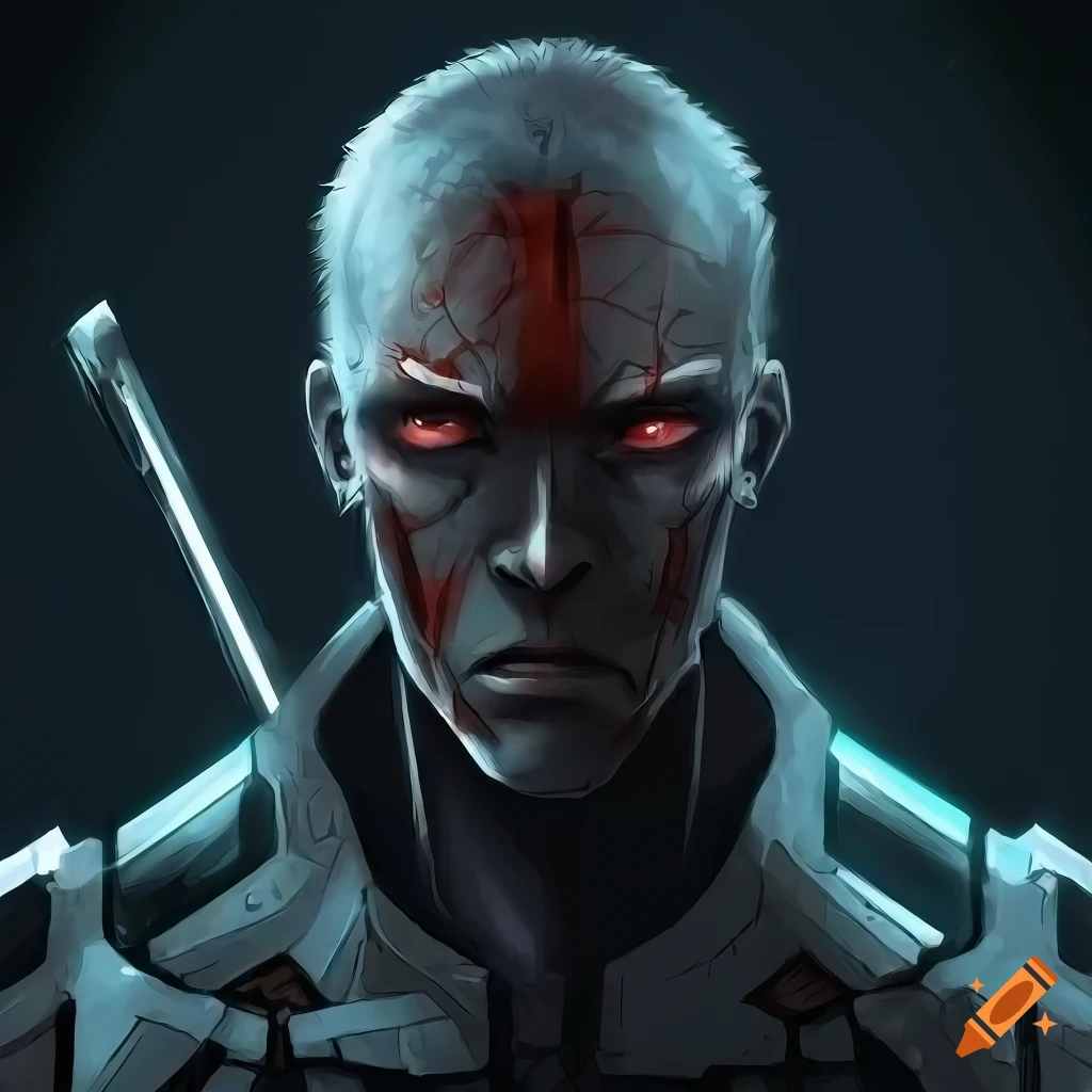 Sci-fi human with scars, black hair, and sword in sci-fi armor on Craiyon