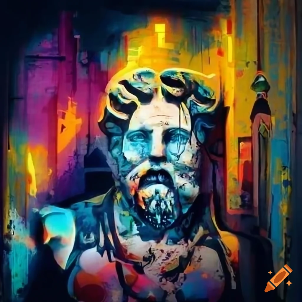 Urban graffiti art with greek god theme on Craiyon