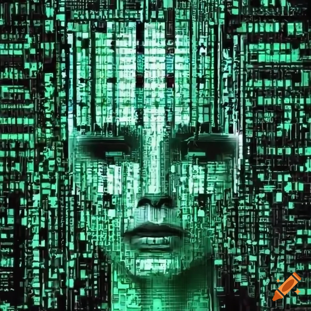 Futuristic computer matrix ai face in digital illustration on Craiyon
