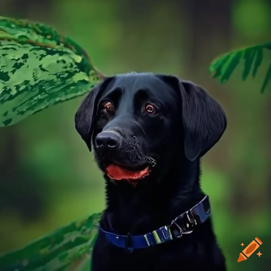 Captivating black Labrador in a lush forest setting on Craiyon