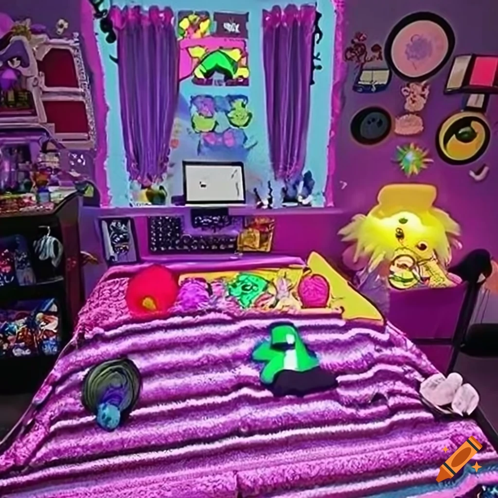 Weirdcore and punk aesthetic room with stuffed animals and ...