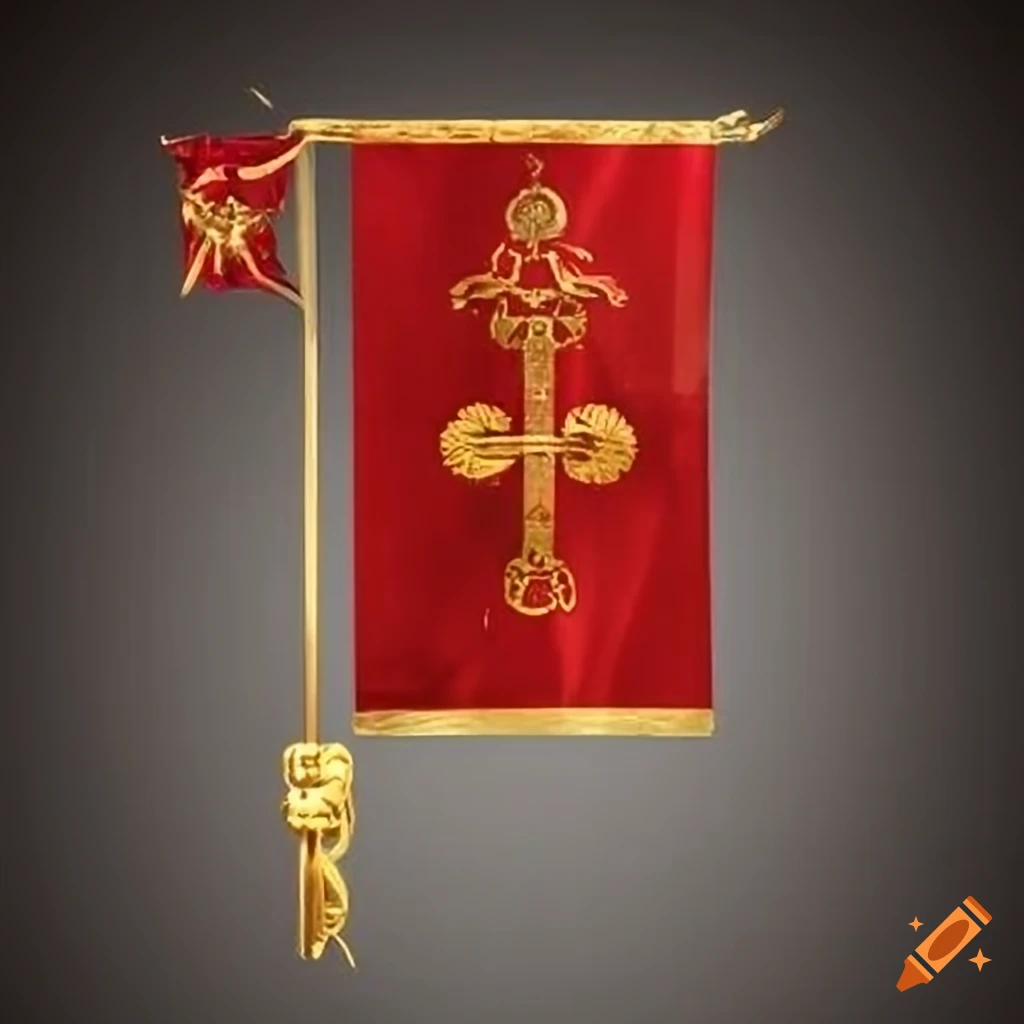 Historical red banner with a golden key emblem on Craiyon