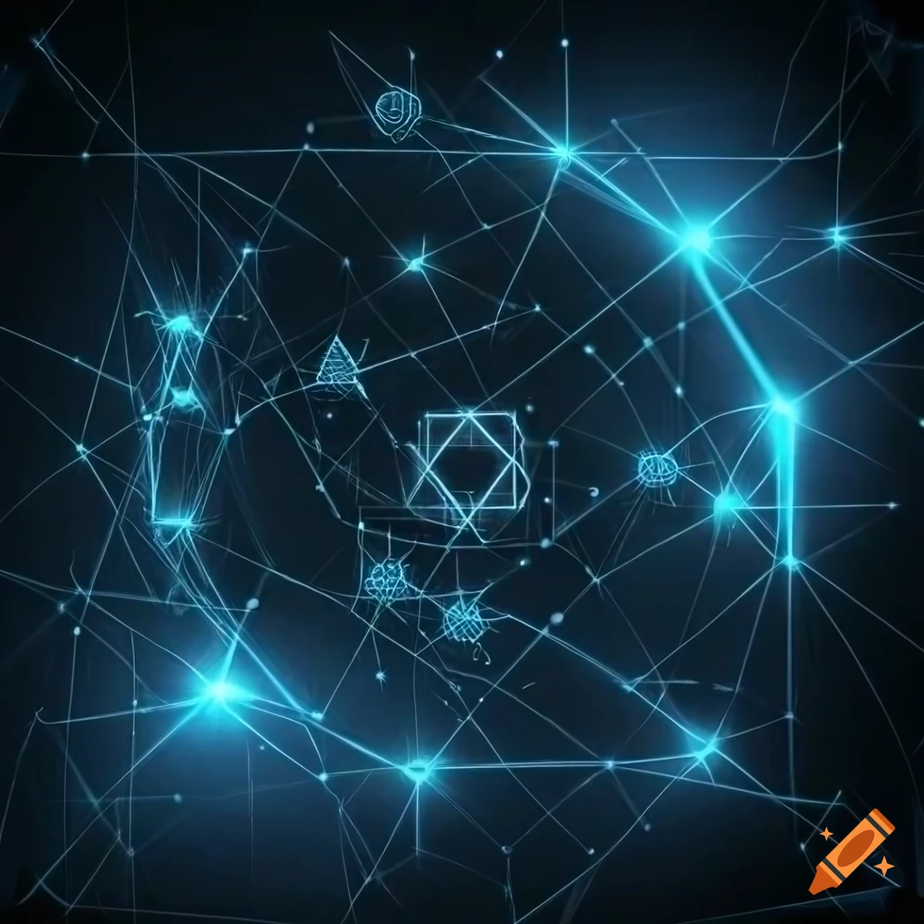 Blockchain network connections with cryptic symbols on black background on Craiyon