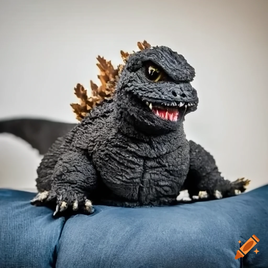 Adorable godzilla on a pillow in a realistic photo on Craiyon