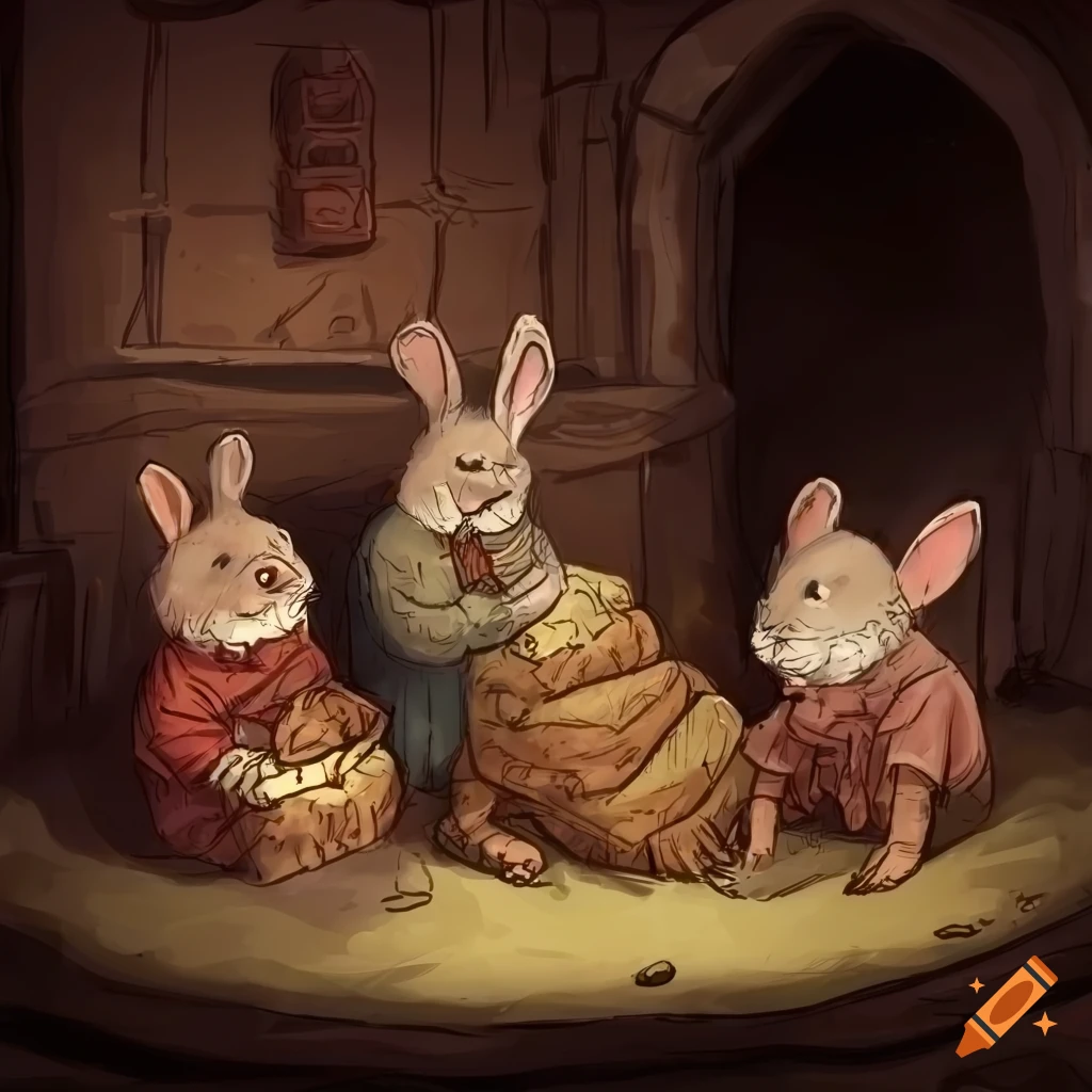 Cartoon bunny family in medieval refugee attire, illustrated by Kyle ...