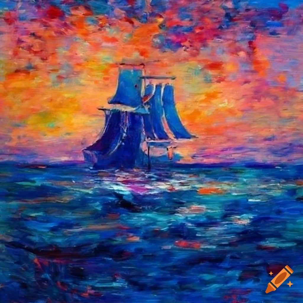 Ship sailing on the sea with abstract expressionist background on Craiyon