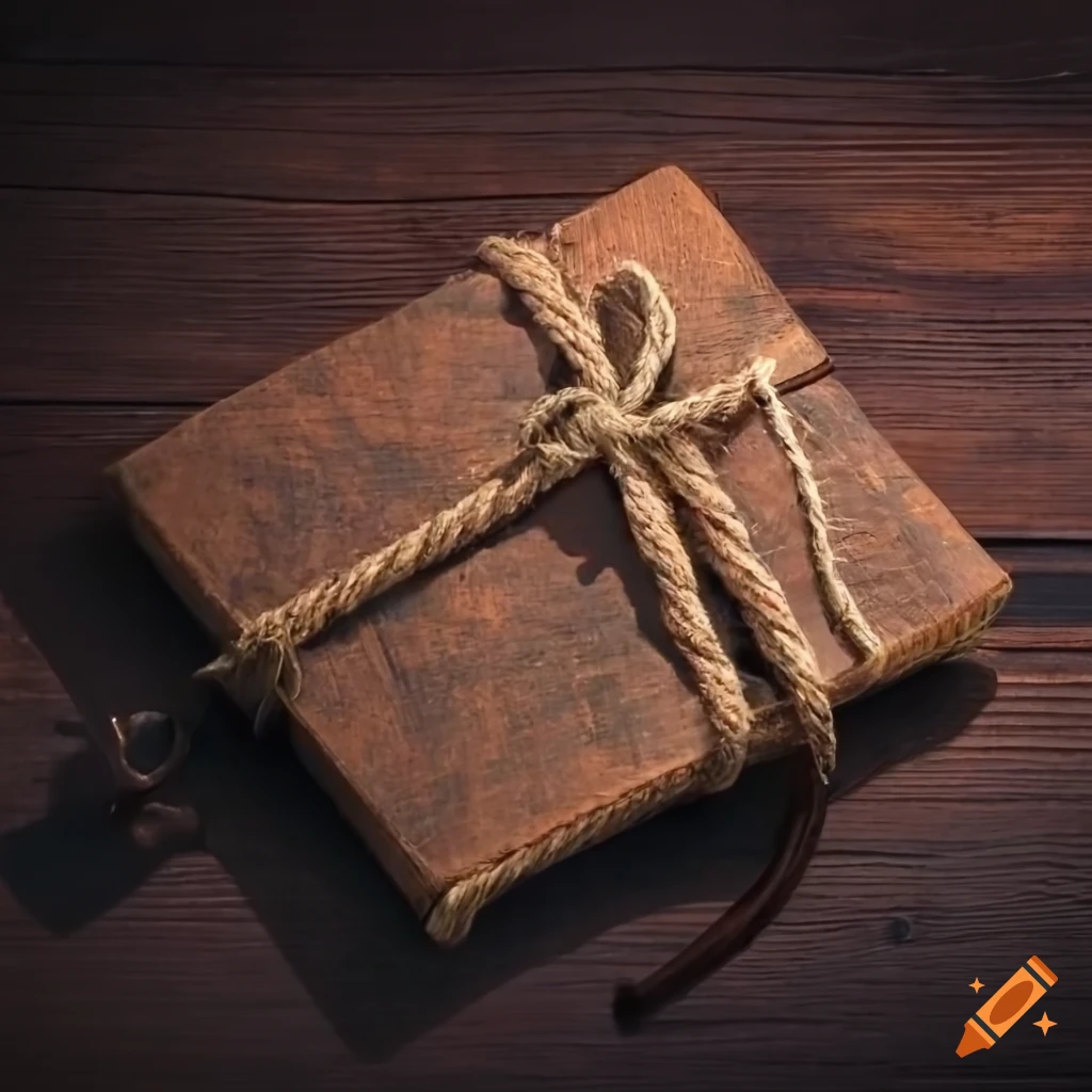 Antique diary tied with rope on dark wooden background on Craiyon