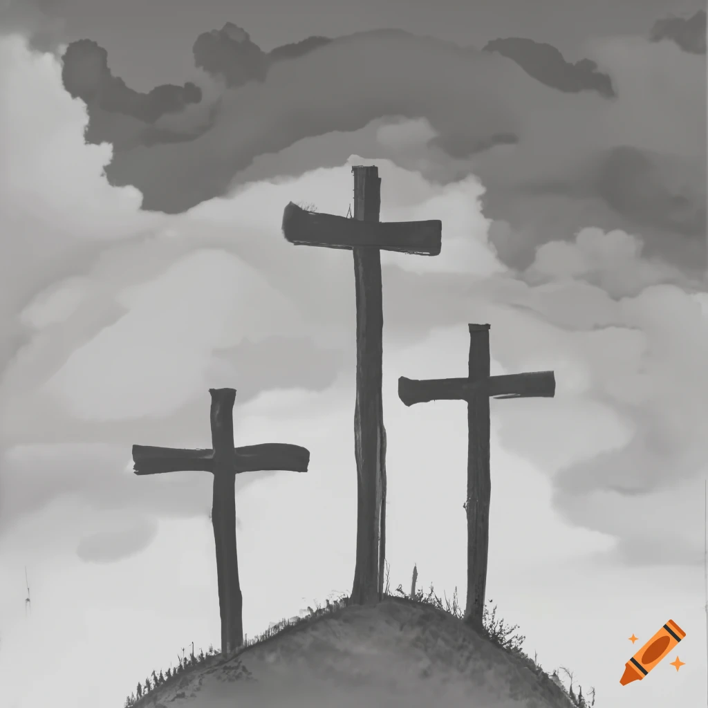 Three crosses on a hill under a dark cloudy sky in landscape mode on ...