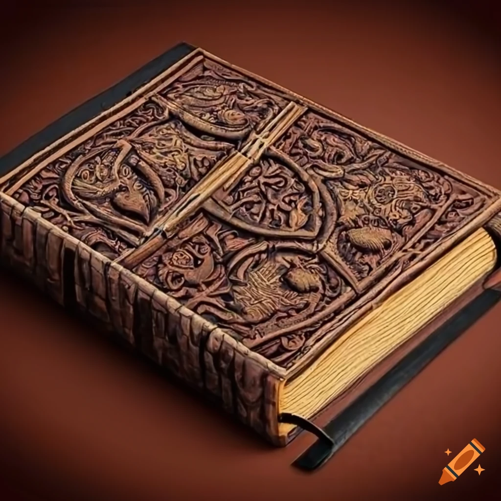 Detailed isometric view of an ancient leather-bound book with intricate ...