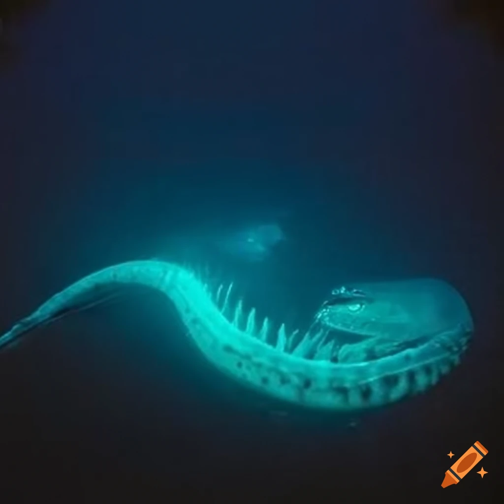 Leviathan lurking in the ocean with white skin and glowing eyes on Craiyon