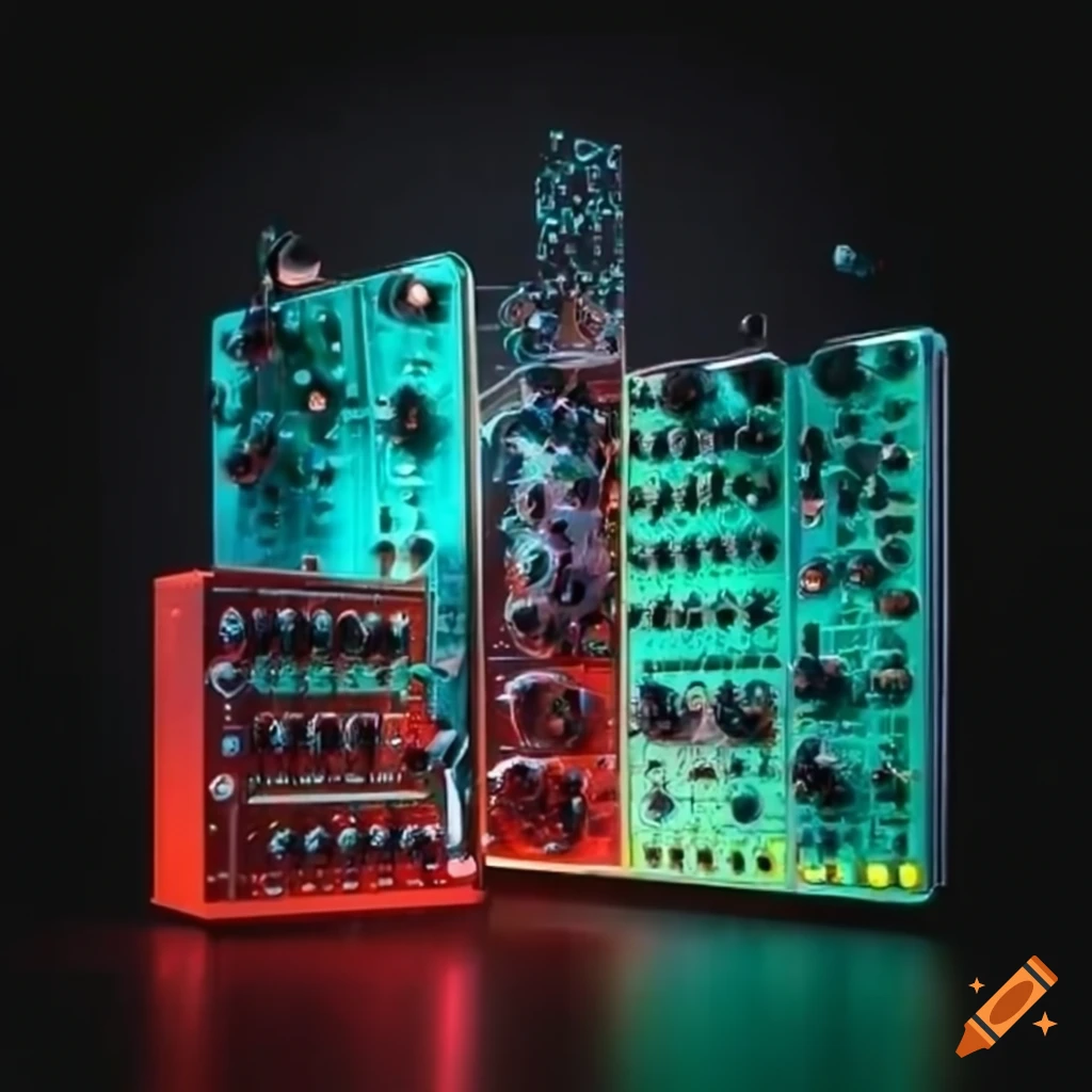 Modular synthesizer transforming into shattering glass on Craiyon