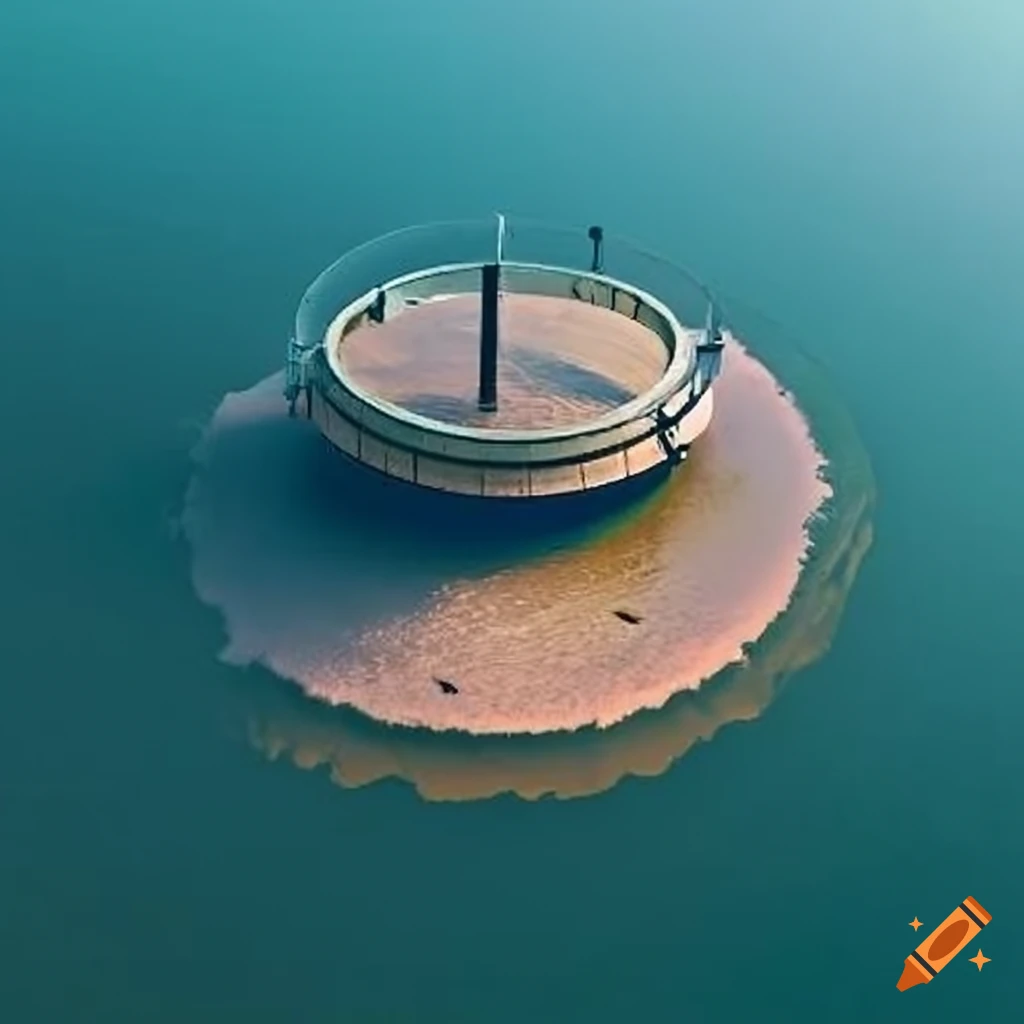 Circular pier connecting land and water on a lake shore on Craiyon