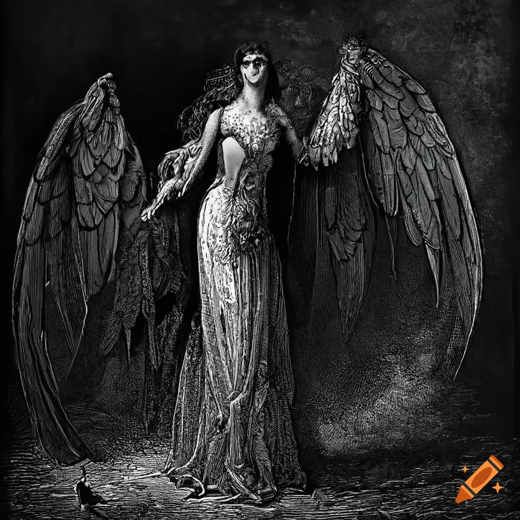 Illustration of a woman with bat wings charing a swarm of bats under a ...