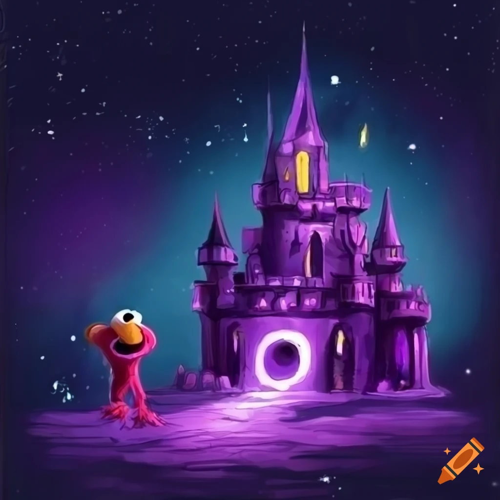 Debris under the stars in a purple night with a castle and elmo ...