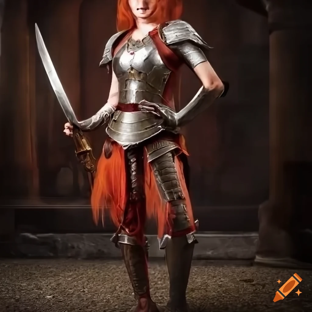 Redhead magus warrior woman in half plate armor with a flaming sword on ...