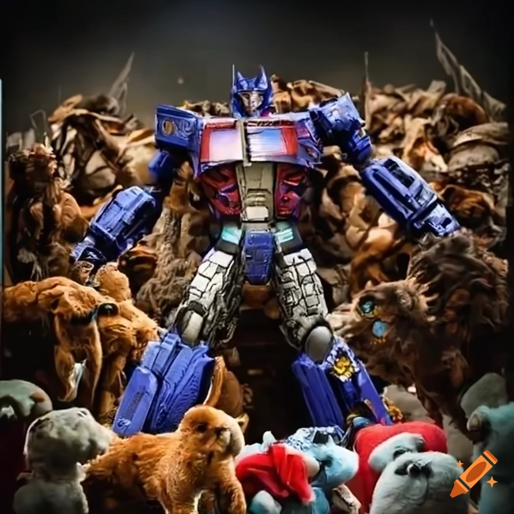 Optimus prime battling an army of stuffed animals on Craiyon