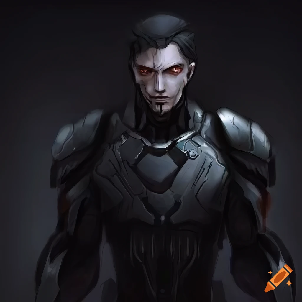 Sci-fi warrior with scars, black armor, and sword in digital art on Craiyon