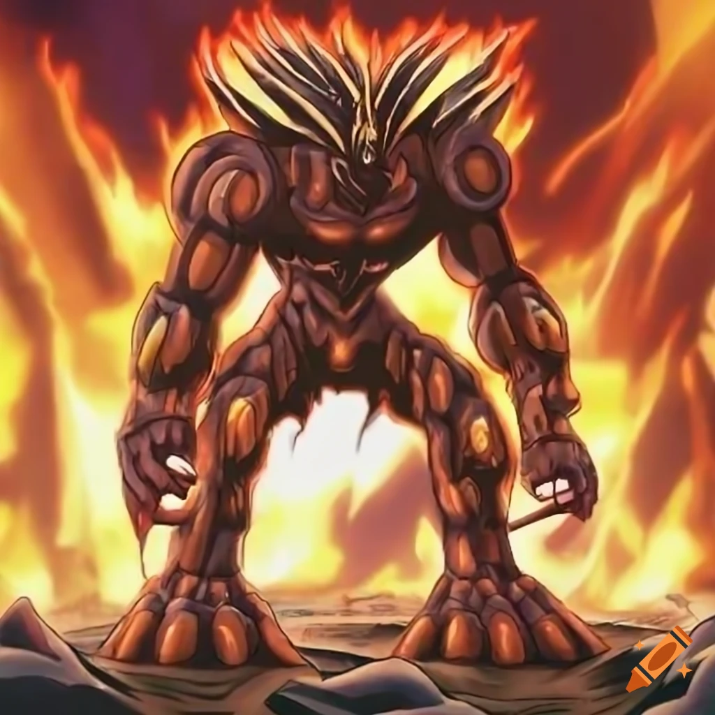 Yu-gi-oh artwork featuring a giant fire titan on Craiyon