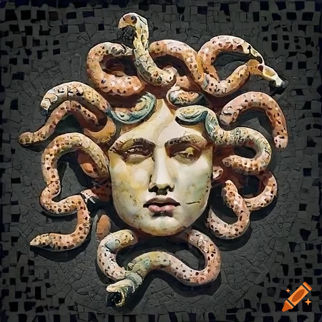 Tile mosaic depicting medusa from greek mythology on Craiyon