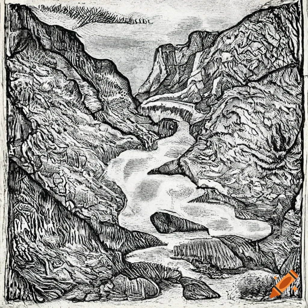 Water stream flowing into the mountains in a medieval setting on Craiyon