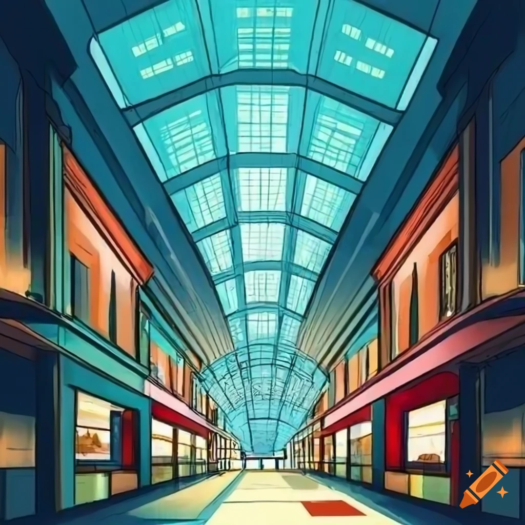 One point perspective shopping mall long hall interior view on Craiyon