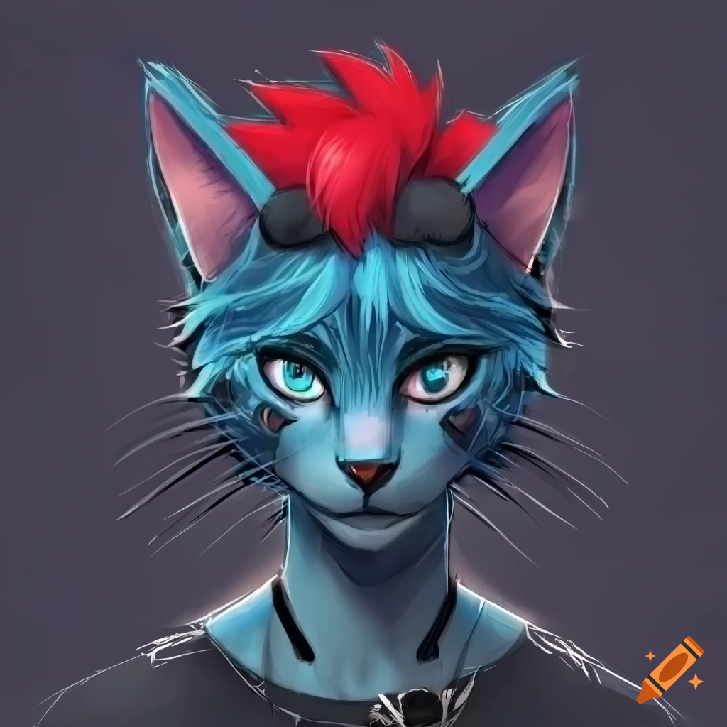 Happy punk/goth blue jaguar character with red faux-hawk hairstyle and ...