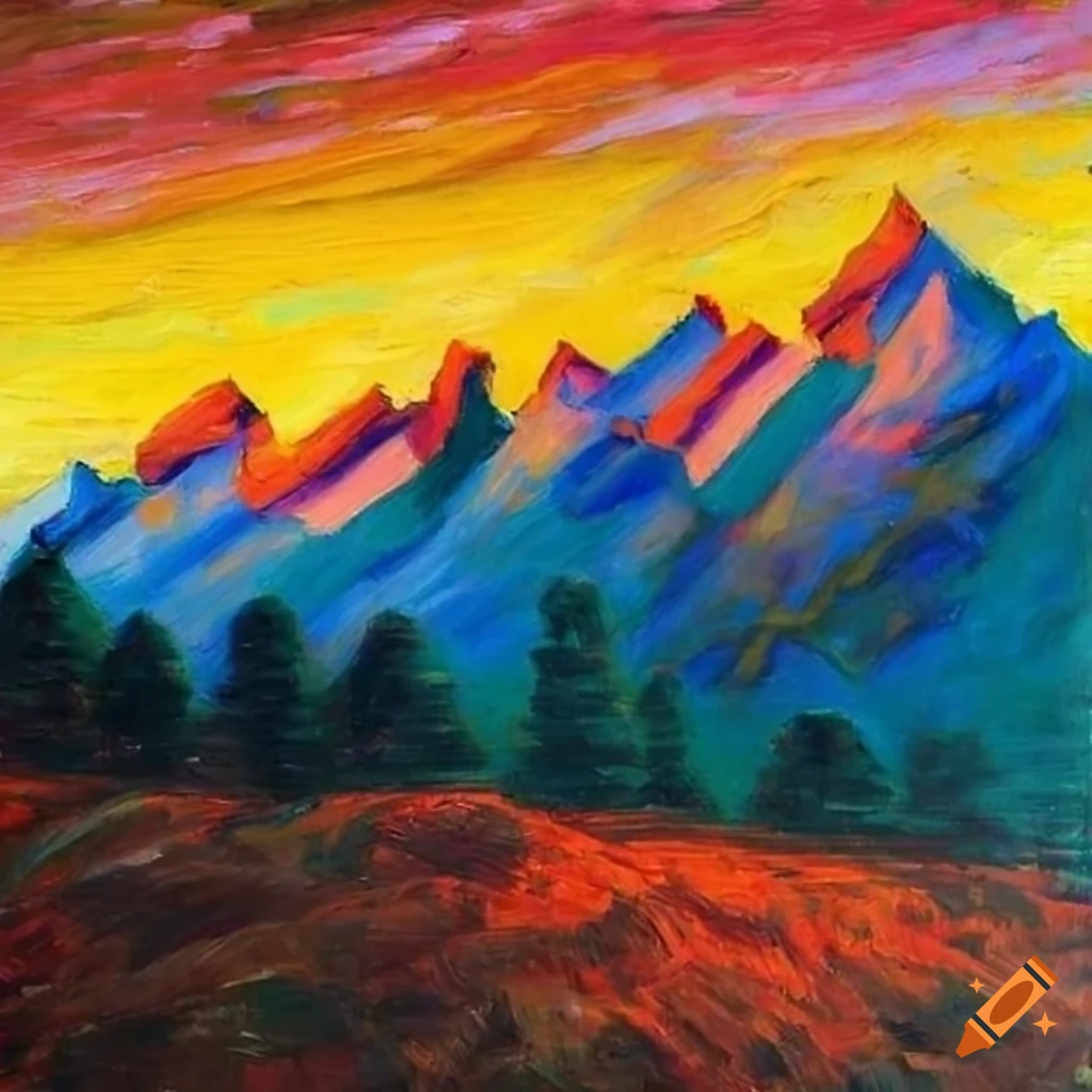 Textured mountain oil painting with a diagonal composition on Craiyon
