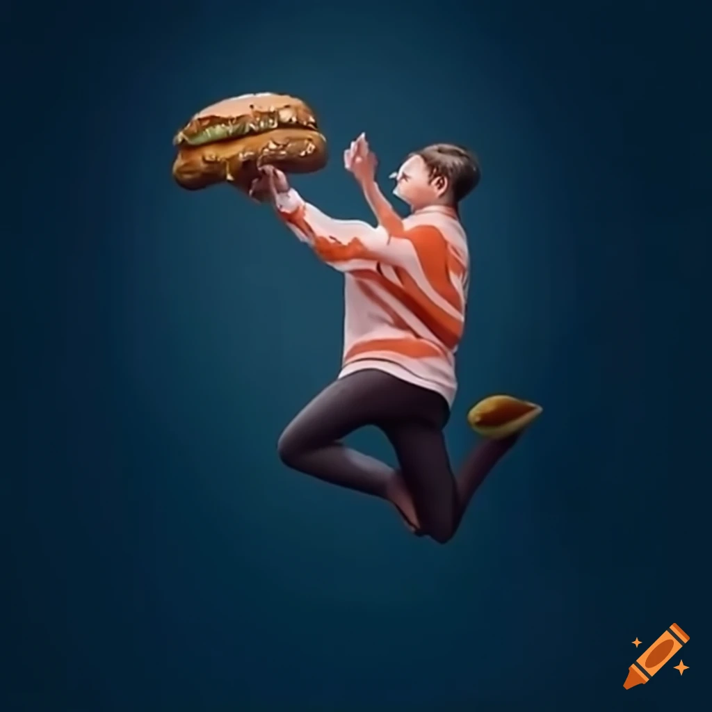 Man reaching for flying Whataburger hamburger in humorous scene on Craiyon