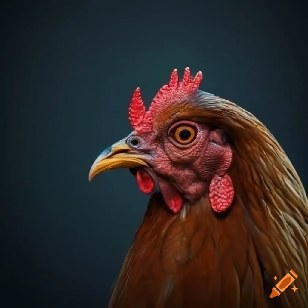 Extreme close-up of a hen and rooster with cinematic lighting on Craiyon