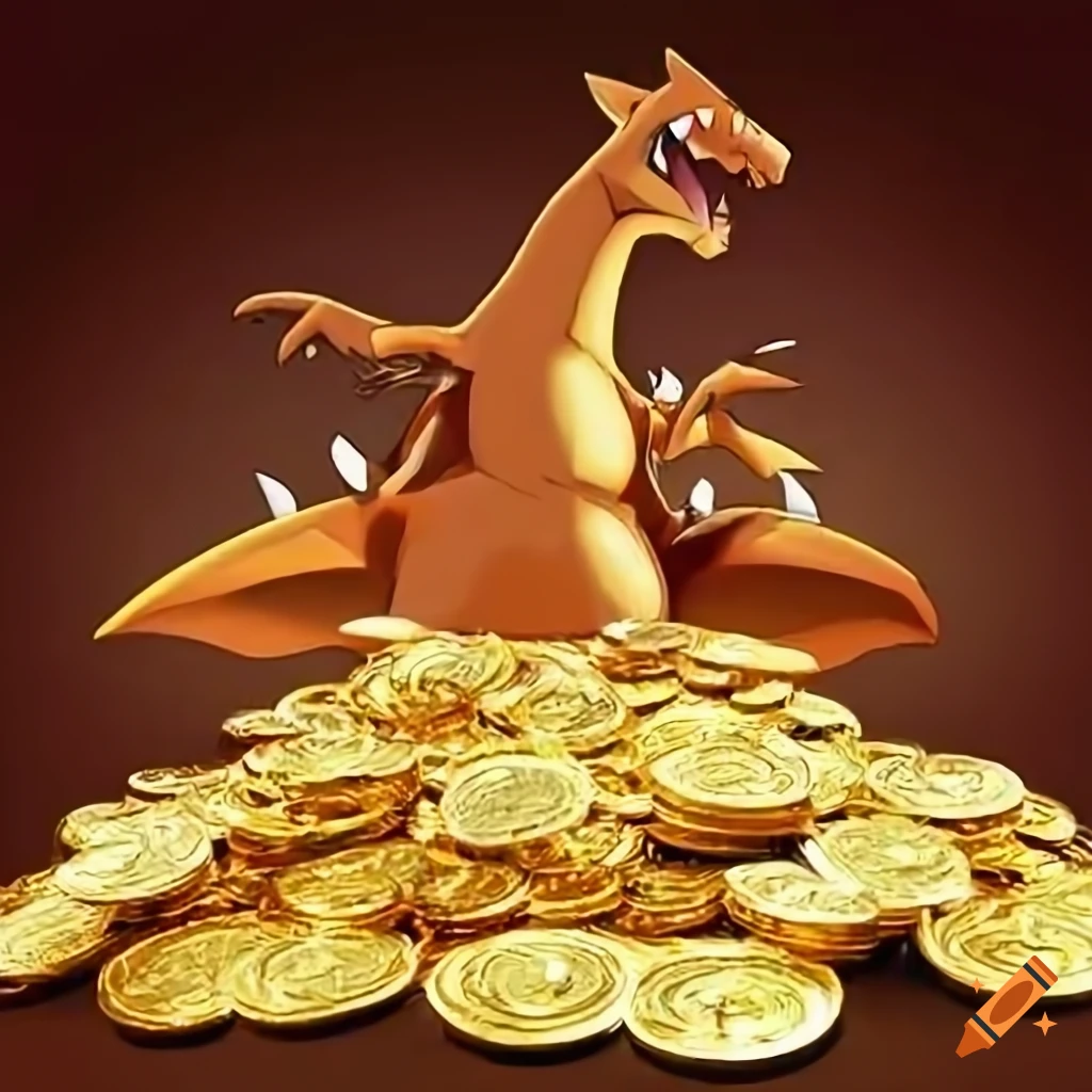 Charizard resting on a pile of gold coins on Craiyon
