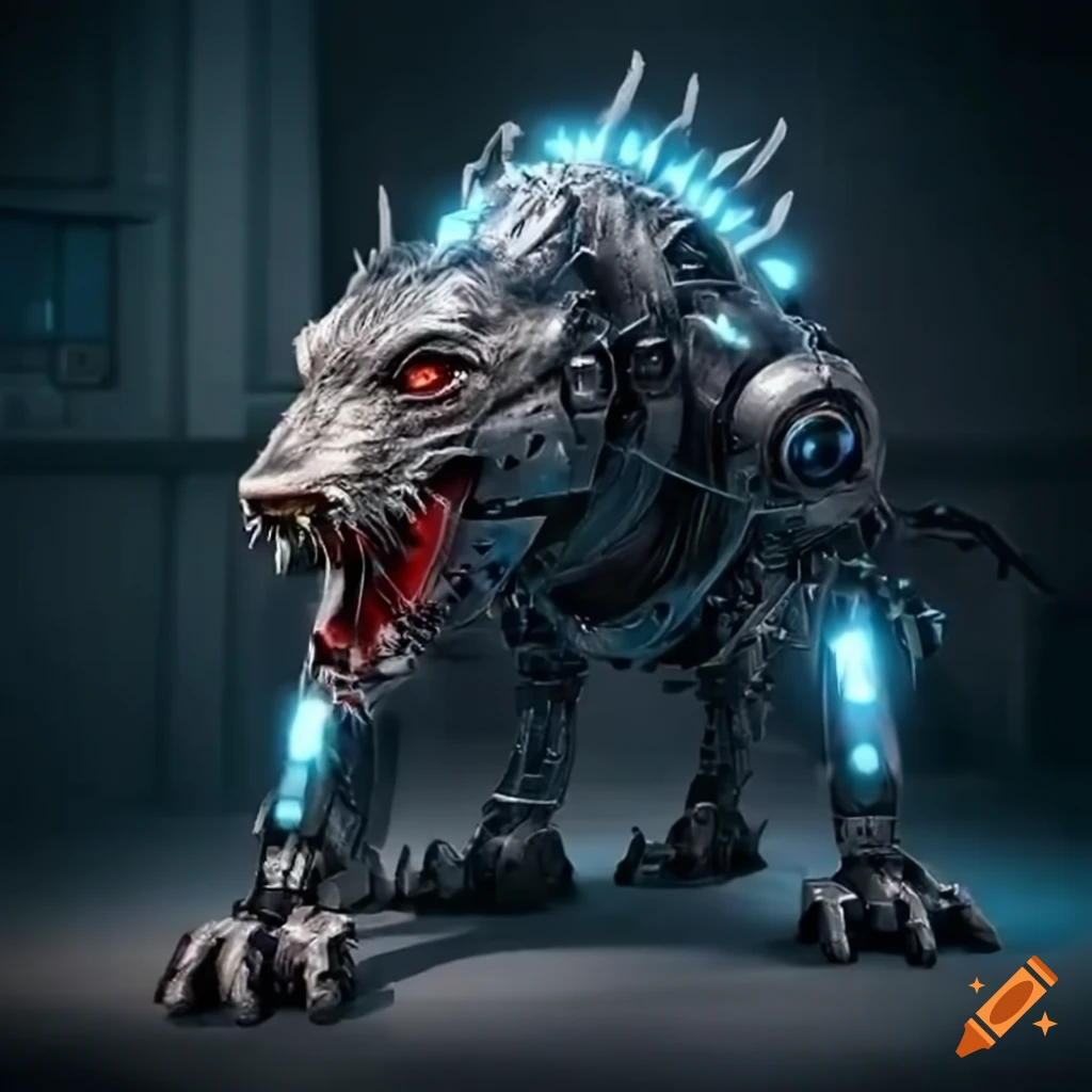 Intricately detailed mechanical robotic dire wolf prepared for war on Craiyon