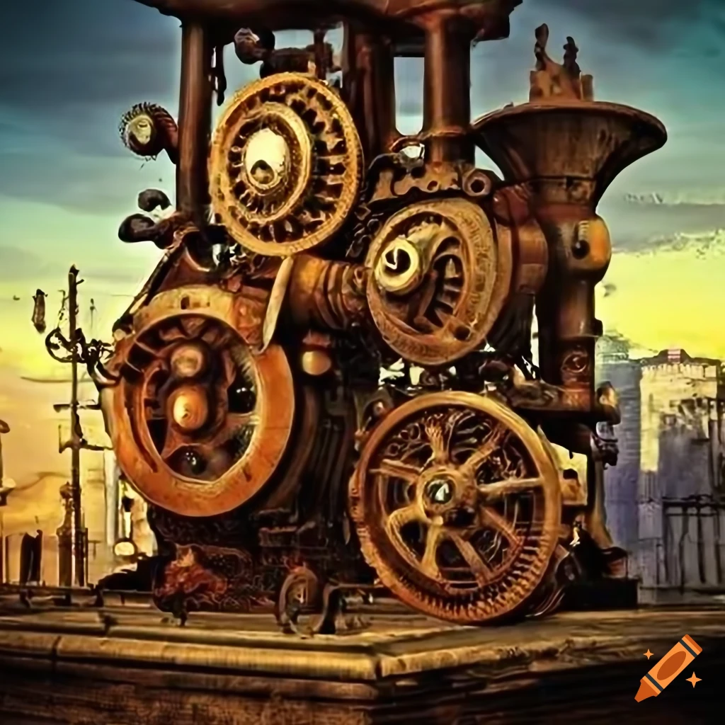 Steampunk blessing machine in havana city with boilers and cogwheels on ...
