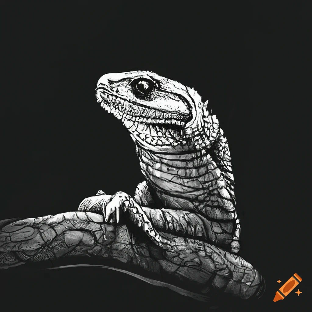 Black and white reptile sketch art on Craiyon