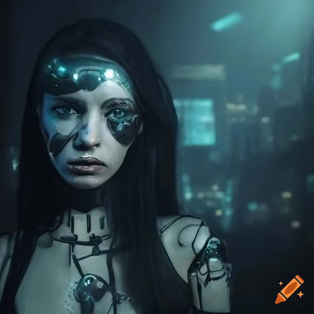 Close-up of female cyborg goddess in a dark cyberpunk cityscape on Craiyon