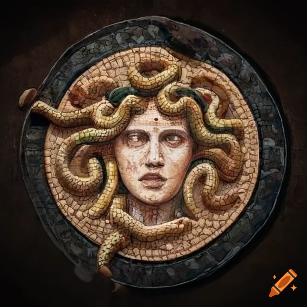 Tile mosaic depicting medusa from greek mythology on Craiyon