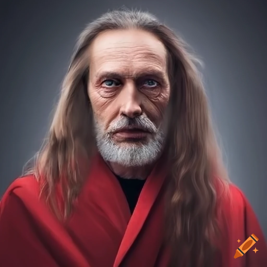Middle-aged man with long hair wearing a red robe on Craiyon