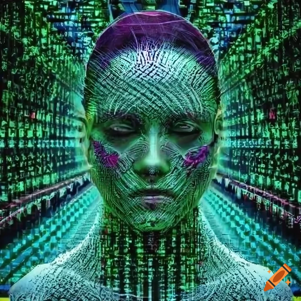 Futuristic illustration of a computer matrix ai face on Craiyon