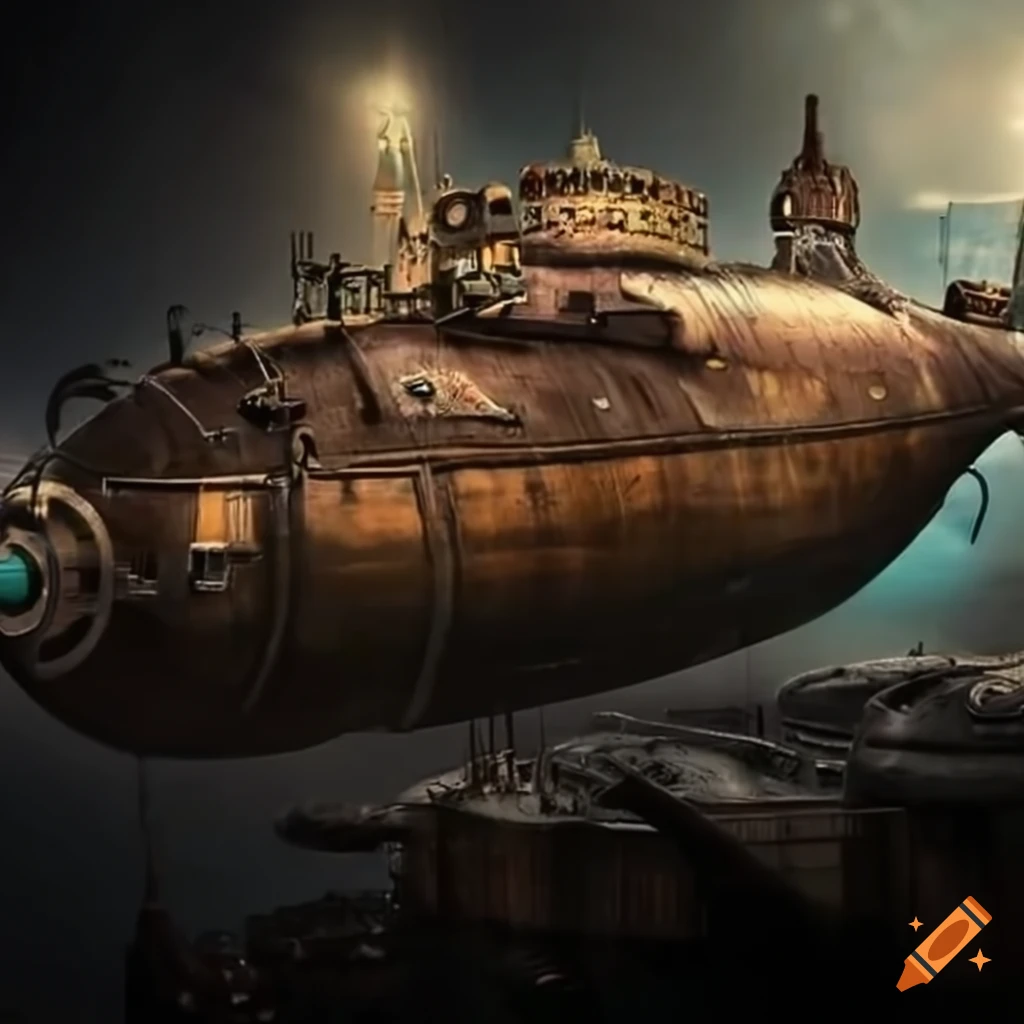 Steampunk submarine at the dock of a steampunk city on Craiyon