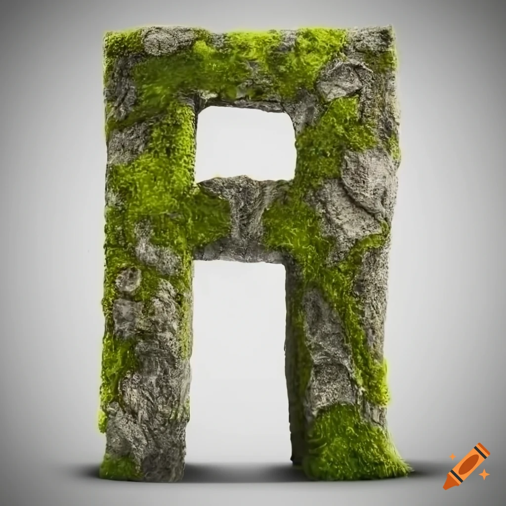 Moss-covered stone letter A on white background in ultra-realistic ...