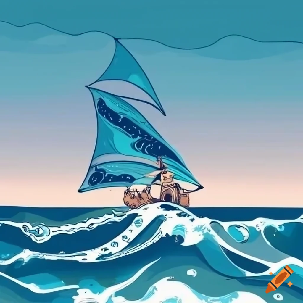 Sailor sailing on the ocean with a wave in comic one-line style on Craiyon