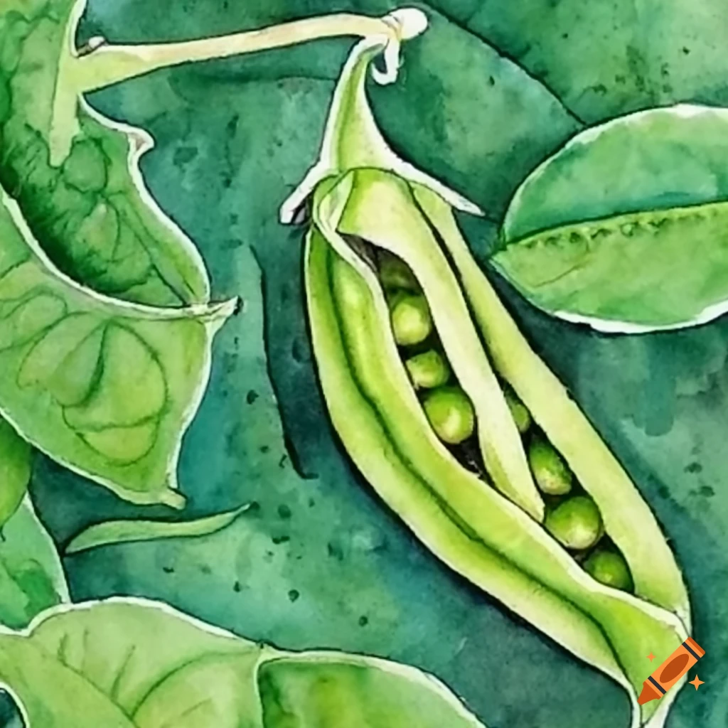 Pea pod half opened revealing 5 peas with the fattest at the end on Craiyon