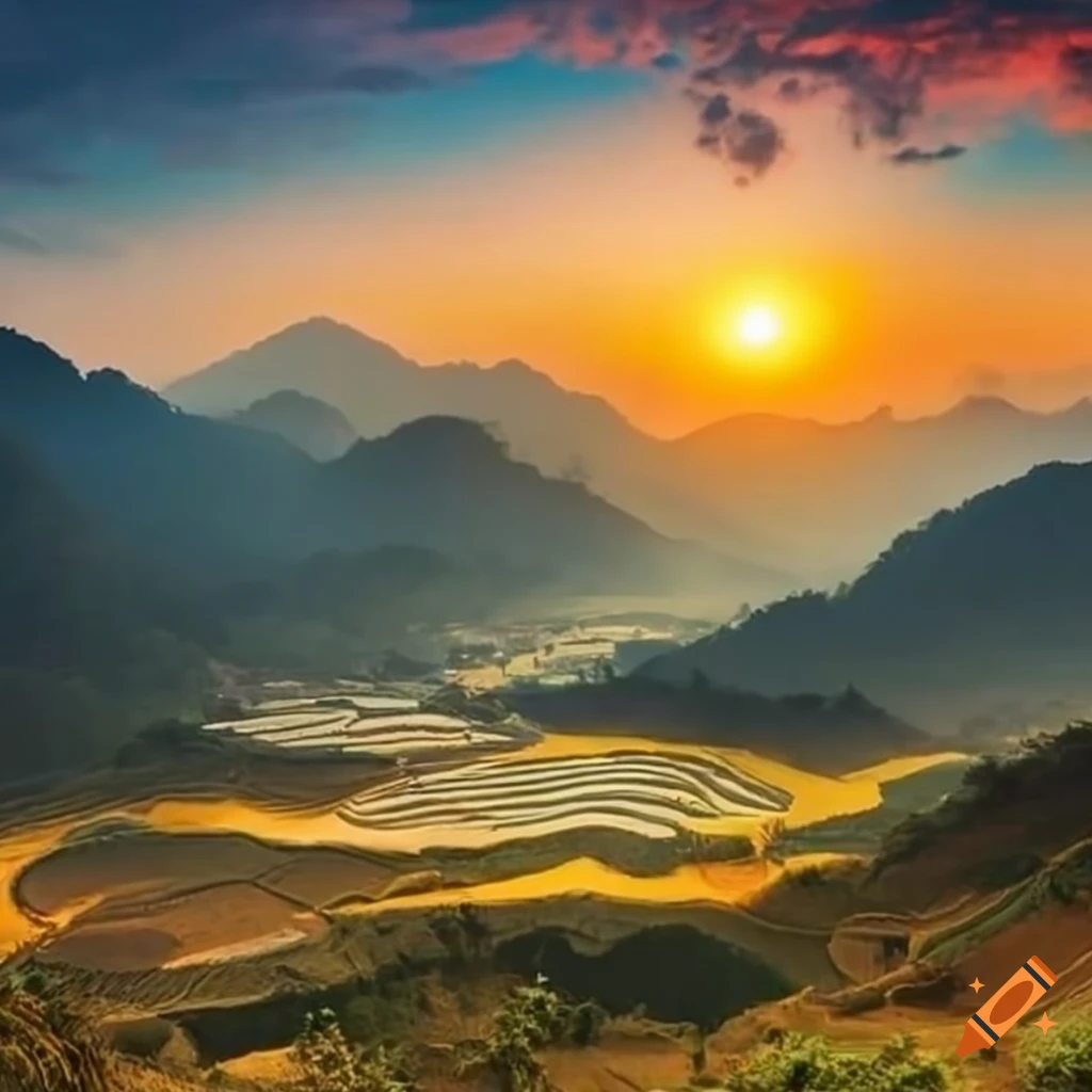 Sapa, vietnam sunset with mountains on Craiyon
