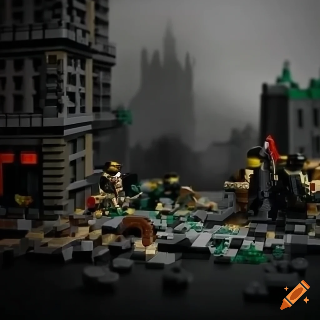 Detailed lego soldiers liberating a town with destroyed buildings on a ...