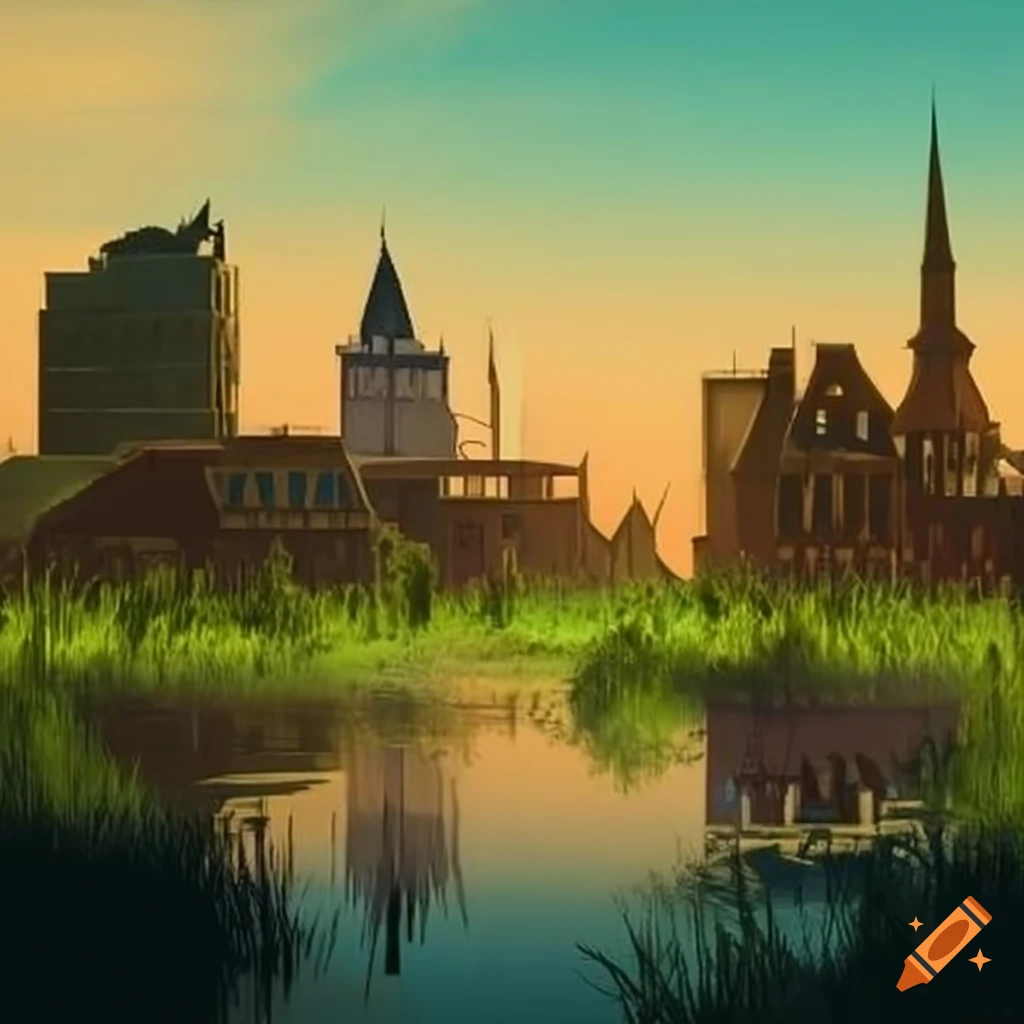 Modern town near a swamp on Craiyon