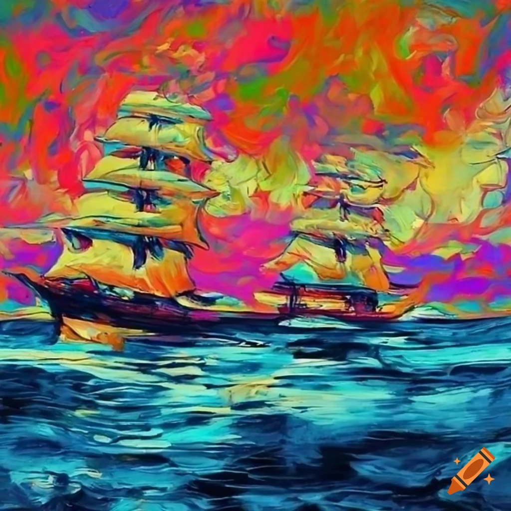Ship sailing on the sea with abstract expressionist background on Craiyon