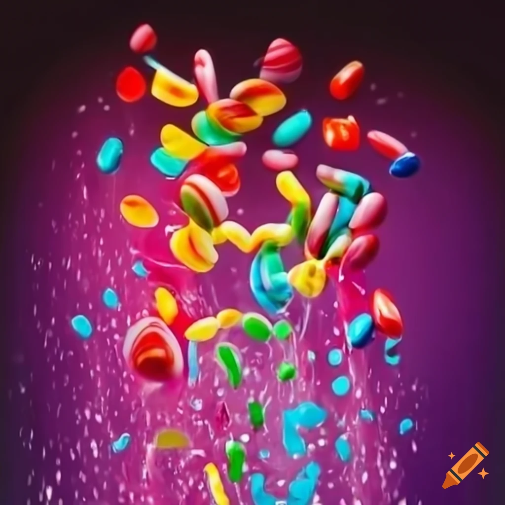 Colorful candy falling from a fountain on Craiyon