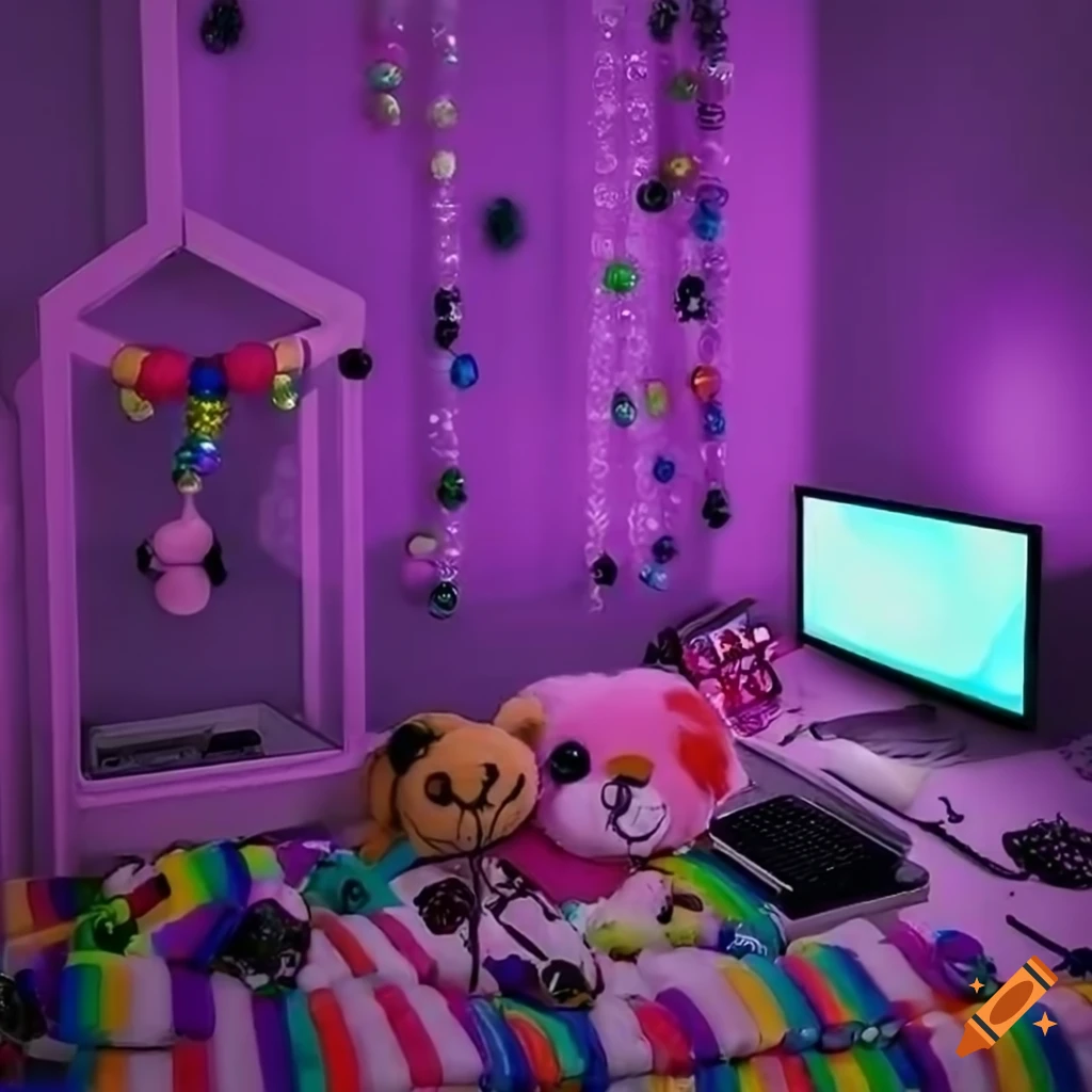 Weirdcore and punk aesthetic room with stuffed animals on the bed and ...