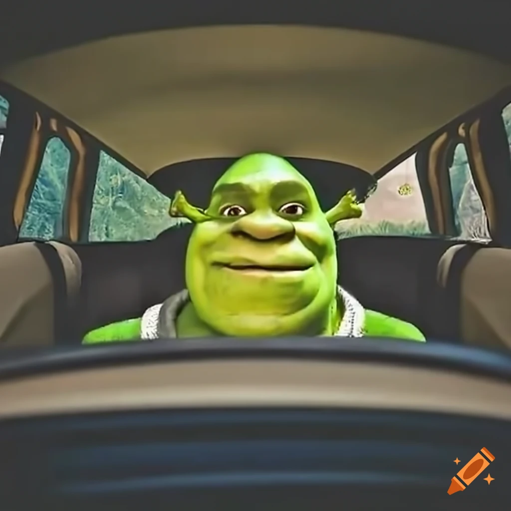 Shrek driving a car with apple jack on a sunny day on Craiyon